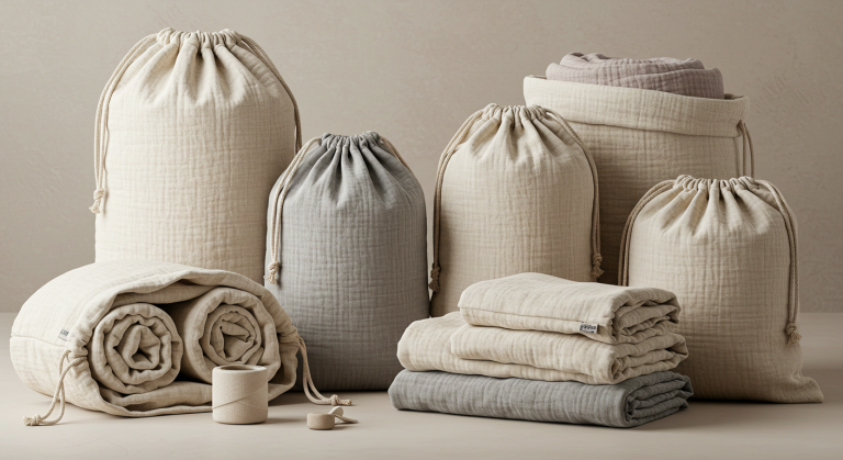 Mousseline katoenen zakken met trekkoord voor milieuvriendelijke opslag
